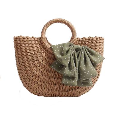 China Brown Corn Skin Crochet Hand Bag Small With Green Scarf Bow Woven ODM for sale