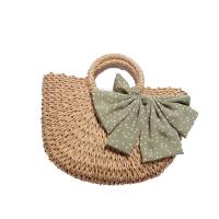 China Brown Corn Skin Crochet Hand Bag Small With Green Scarf Bow Woven ODM for sale