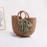 China Brown Corn Skin Crochet Hand Bag Small With Green Scarf Bow Woven ODM for sale