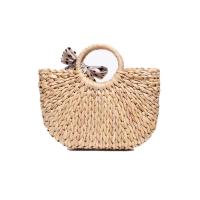 China Round Wrist Beach Woven Bag , Handmade Crochet Handbags Corn Skin Material ODM for sale