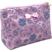 China Purple Flower Pattern Large Zipper Makeup Bag Lace Cloth Embroidery OEM for sale