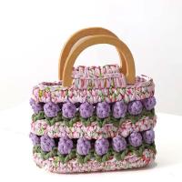 China Wooden Handle Crochet Hand Bag Hand Woven Tulip Flower 16cm×15cm×6cm for sale