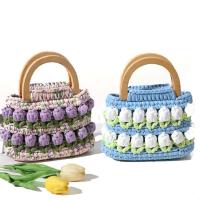 China Wooden Handle Crochet Hand Bag Hand Woven Tulip Flower 16cm×15cm×6cm for sale