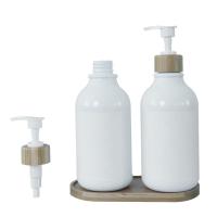 China White Bathroom Lotion Bottle With Bamboo Pump For Shampoo and Body Wash for sale