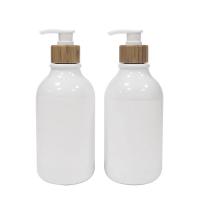 China White Bathroom Lotion Bottle With Bamboo Pump For Shampoo and Body Wash for sale