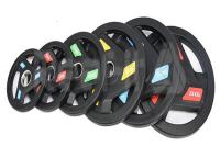 China Oblique Three Hole Fitness Weight Plates Hand Grab Rubber Coated Barbell Weights for sale