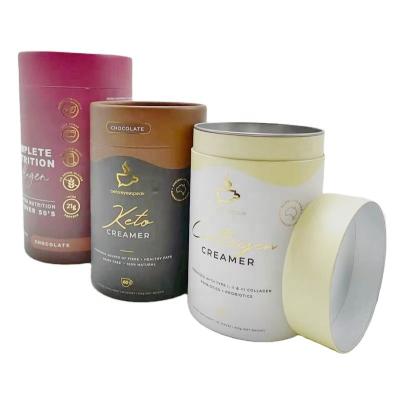China Custom Printed Protein Powder Paper Cylinder Container 83.3mm Diameter Food Supplement Tube with Metal Lid for sale