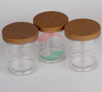 China Clear PET Plastic Jars with Wooden Lid 65x100mm for Beans Silk Screen Printing for sale