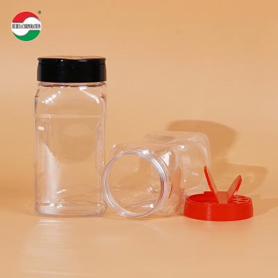 China 425ml Plastic Spice Jars with Red Black Lid Wholesale PET Food Grade Containers for sale