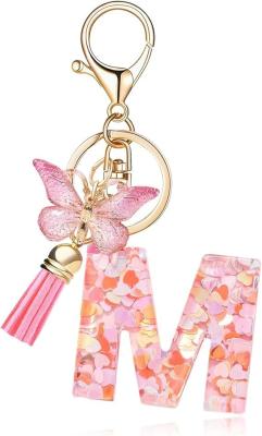 China GUGEER Fashion Alphabet Initial Letter Keychain Tassel Butterfly Pendant Key Ring for Purse Handbags Women Girl for sale