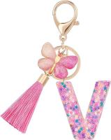 China GUGEER Fashion Alphabet Initial Letter Keychain, Women Tassel Butterfly Pink Purple Cute Car Keyrin, Pink and Gold Resin Alphabet Keychain, Tassel Butterfly Pendant Key Ring for Wallet for sale