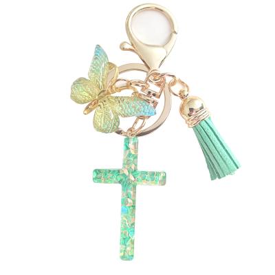 China Cross Keyrings for Women Cute Purple Initial Letter Keychain Butterfly Sequins Resin Alphabet Letter Keyrings Tassel Poms Pendants Car Door Key Chains Ring Bag Charms for Womens Handbags Gift Decor for sale