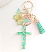China Cross Keyrings for Women Cute Purple Initial Letter Keychain Butterfly Sequins Resin Alphabet Letter Keyrings Tassel Poms Pendants Car Door Key Chains Ring Bag Charms for Womens Handbags Gift Decor for sale