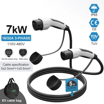 China Type2 Three Phase EV Charging Cable 16A 32A 22kw 11KW Charger Female Plug To Male Plug for sale