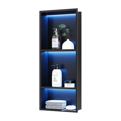 China 12x30 Inch 3-Tier Shower Wall Niche with RGB LED Lighting and Matte Black Waterproof Finish for sale
