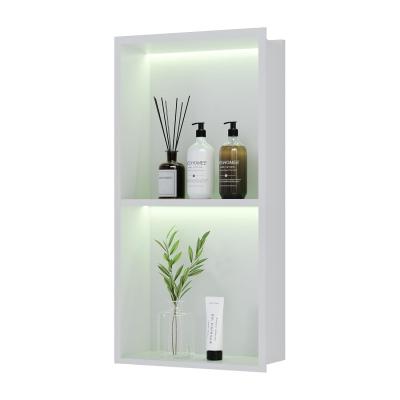 China 12x24 Inch 2-Tier White Shower Wall Niche with RGB LED Lighting - Recessed Bathroom Storage Cabinet for sale