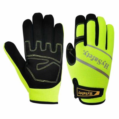 China Waterproof Hysafety Mechanics Wear Gloves Medium Duty Hi Vis Green Spandex Back for sale