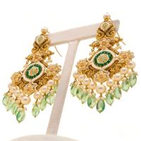 China Customizable Bohemian Gold Tone Jhumka Earrings With Green Crystal Pearl Drop for sale