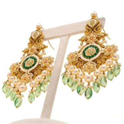 China Customizable Bohemian Gold Tone Jhumka Earrings With Green Crystal Pearl Drop for sale