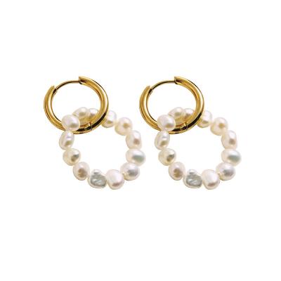 China 2020 Fashion Hot Selling Woman Statement Stainless Steel Pearl Circle Freshwater Hoop Earrings for sale
