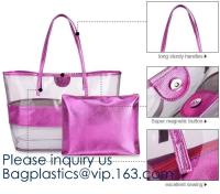 China Waterproof All Over Printing PVC Coating Tote Shoulder Fabric Shopping Bag With Gusset And Lining,Jelly Clear Plastic PV for sale