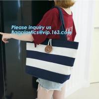 China factory lowest price for wide stripe cotton canvas oxford canvas tote bag with inside small stripe lining and ziper lock for sale