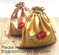 China Shinny Golden Satin Drawstring Bag With Rose Gold Printing,Satin Pouch With Ruffle,Small Colorful Thick Satin Drawstring for sale