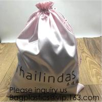 China White Satin Drawstring Bag With Silver Logo,Custom Printed White Satin Drawstring Bag For Hair, Pouch For Loungwear pac for sale