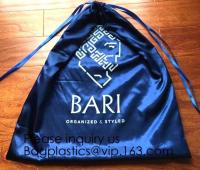 China Large Dark Navy Blue Satin Dust Bag With Drawstring,Thick Black Satin Pouch With Gold Printing, bag with Printed Ribbon for sale