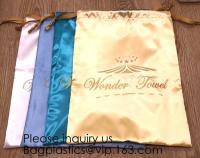 China Large Dark Navy Blue Satin Dust Bag With Drawstring,Thick Black Satin Pouch With Gold Printing, bag with Printed Ribbon for sale