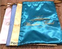 China Large Dark Navy Blue Satin Dust Bag With Drawstring,Thick Black Satin Pouch With Gold Printing, bag with Printed Ribbon for sale