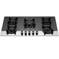 China Electronic Ignition Built In Gas Hob 5 Burners With Heavy Duty Cast Iron Pan Support Panel Glass for sale