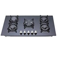 China Electronic Ignition Built In Gas Hob 5 Burners With Heavy Duty Cast Iron Pan Support Panel Glass for sale