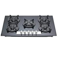 China Electronic Ignition Built In Gas Hob 5 Burners With Heavy Duty Cast Iron Pan Support Panel Glass for sale