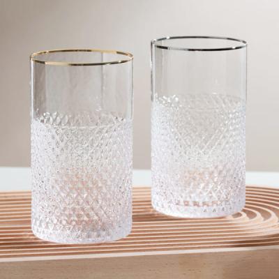 China Diamond Cut Highball Glass Drinking Cups Gold Silver Rimmed 18 Ounce Mouth Blown for sale