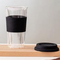 China 14oz Heat Resistant Double Wall Glass Tumblers 400ml With Silicone Lid And Sleeve for sale