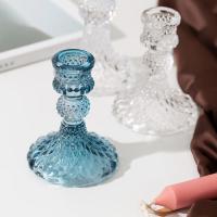 China Blue Depression Tapered Color Glass Candle Holder Pressed Diamond Pattern for sale