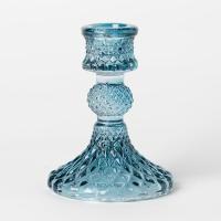 China Blue Depression Tapered Color Glass Candle Holder Pressed Diamond Pattern for sale