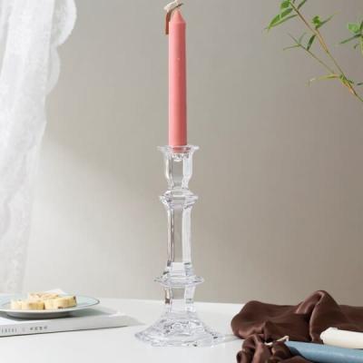 China Clear Color Glass Candle Holder Machine Pressed 23cm Tall Taper Candlesticks for sale
