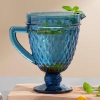 China Blue Lead Free Pressed Glass Pitcher 1100ml 20cm Height Water Carafe With Spout for sale