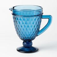 China Blue Lead Free Pressed Glass Pitcher 1100ml 20cm Height Water Carafe With Spout for sale