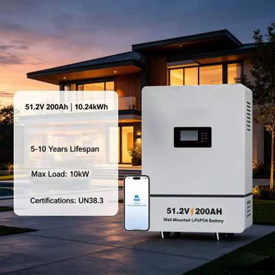 China 10.24kWh 51.2V 200Ah LiFePO4 Wall-Mounted Home Energy Storage System for Solar Use with CAN/RS485 for sale