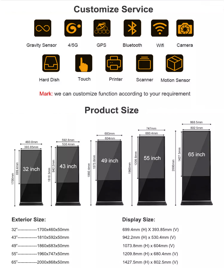 32 40 43 50 55 65 INCH VERTICAL LCD DIGITAL SIGNAGE KIOSK