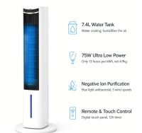 China Tower Evaporative Air Cooler White 75W 7.5m/s 3 Speed 4L Tank Remote Control 12H Timer for sale