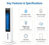 China Tower Evaporative Air Cooler White 75W 7.5m/s 3 Speed 4L Tank Remote Control 12H Timer for sale