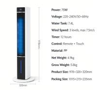 China Tower Water Cooling Fan White 75W 7.5m/s 4L Visible Tank LED Touch Remote Humidifier 50/60Hz for sale