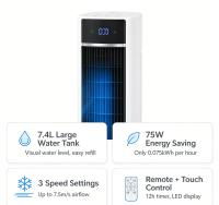 China Tower Water Cooling Fan White 75W 7.5m/s 4L Visible Tank LED Touch Remote Humidifier 50/60Hz for sale
