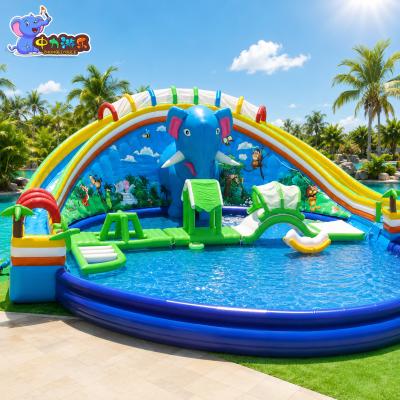 China Elephant Inflatable Water Slide 7 Color Rainbow Design 3 Play Areas PVC Bouncy Castle for sale