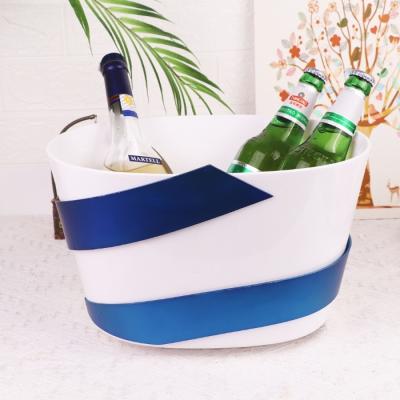 China Custom 8L White Plastic Ice Bucket With Detachable Blue Ribbon Champagne Bucket for sale