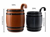 China 25ml 50ml Whiskey Barrel Shaped Shot Glasses Wooden Grain Finish Unique Designs for sale